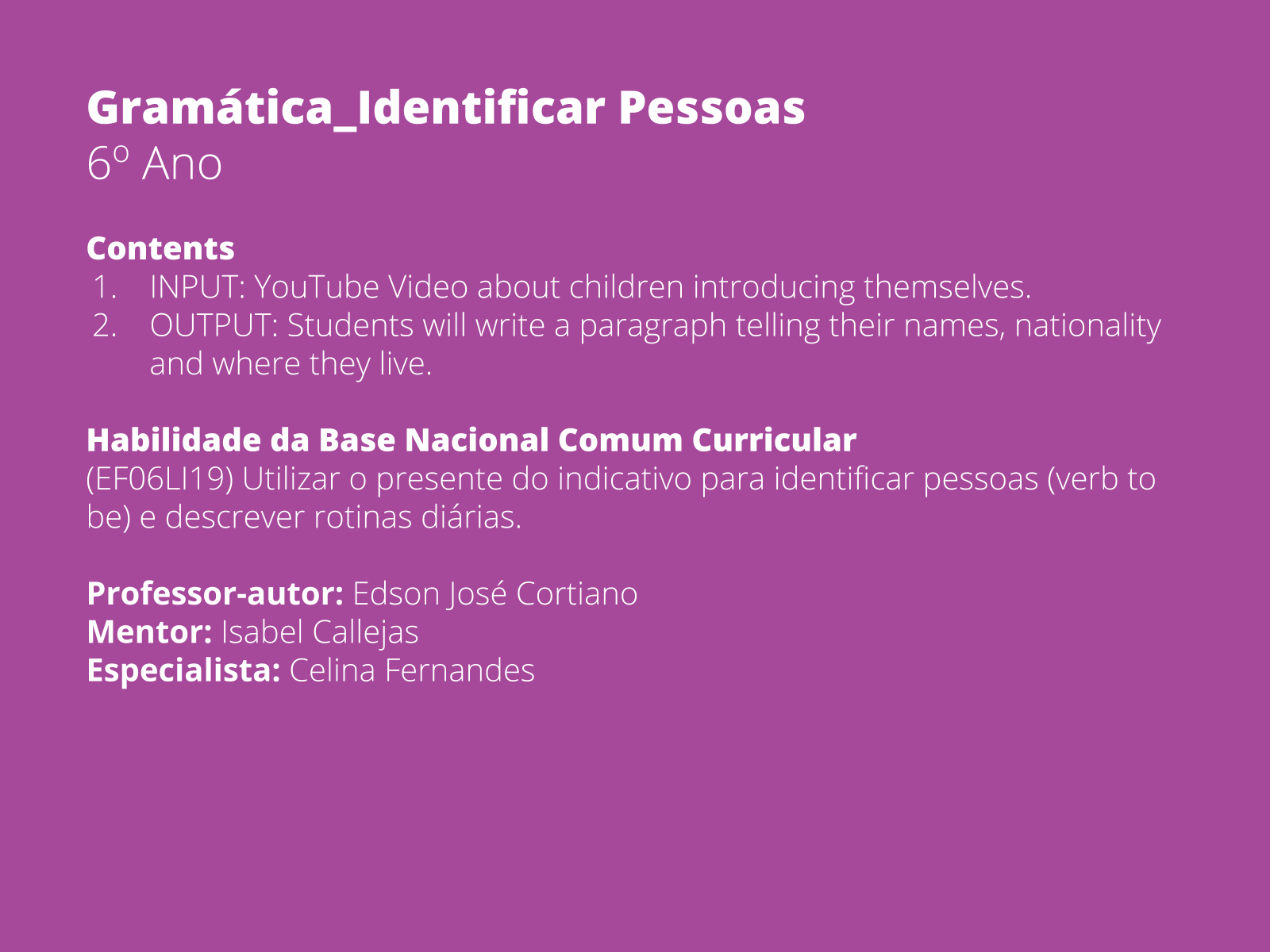 Plano De Aula 6o Ano Identificar Pessoas